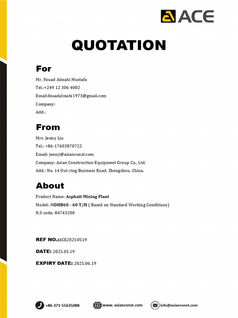 MDHB60 Mobile Asphalt Plant Quotation ACE | PDF