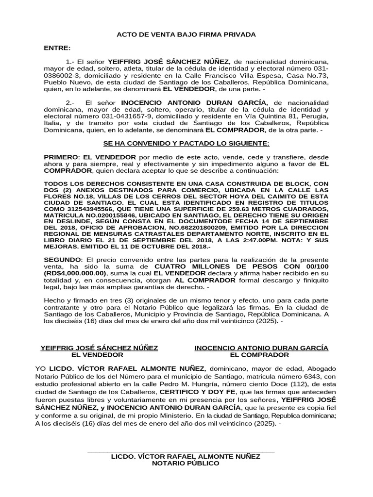 Acto de Venta Bajo Firma Privada Inocencio y El Maco 3er. Acto | PDF | República Dominicana