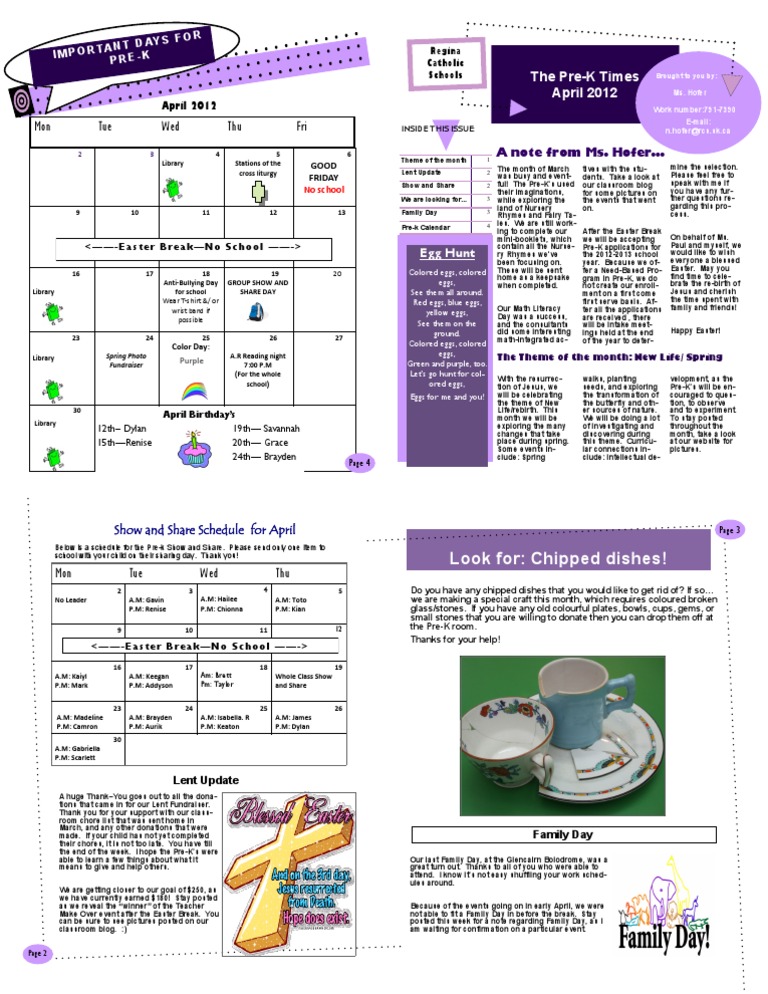 April Pre-K Times Newsletter Online | PDF | Easter | Religion And Belief