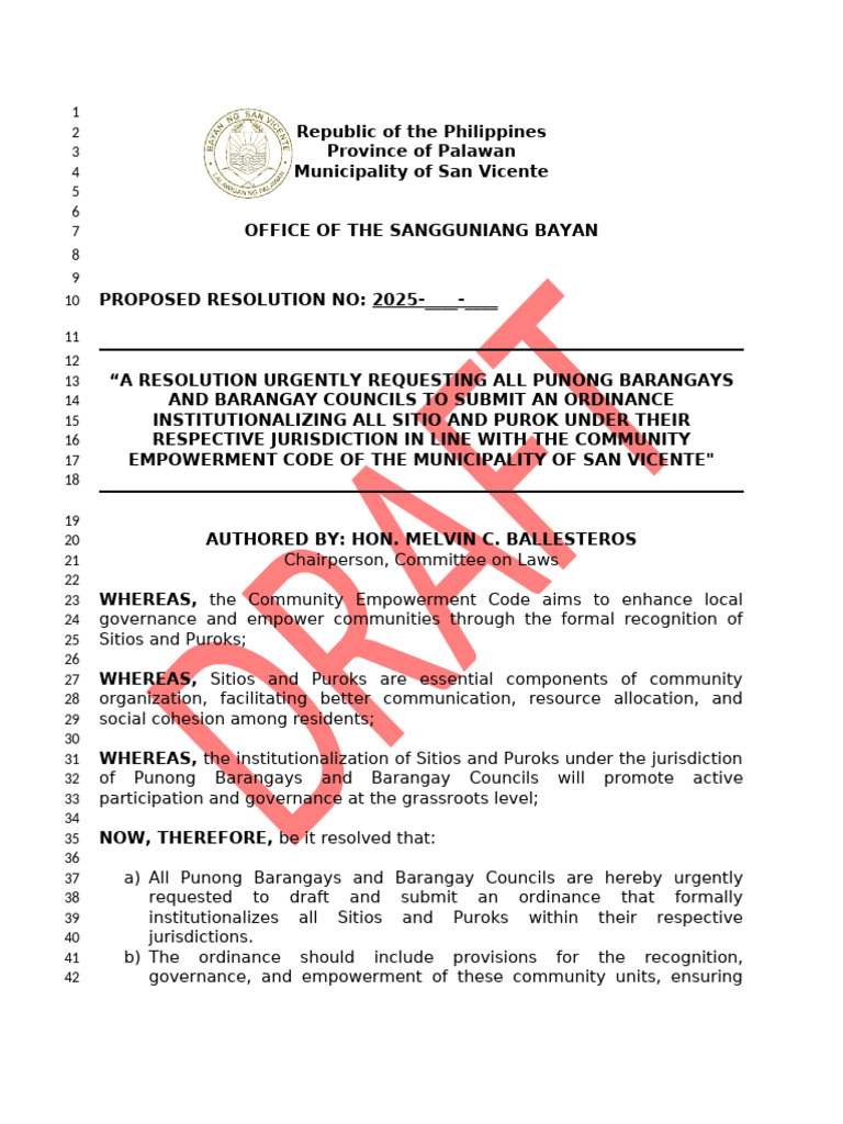 PR No. 2025 - Req Institunalization of Sitio and Purok - SB MCB | PDF