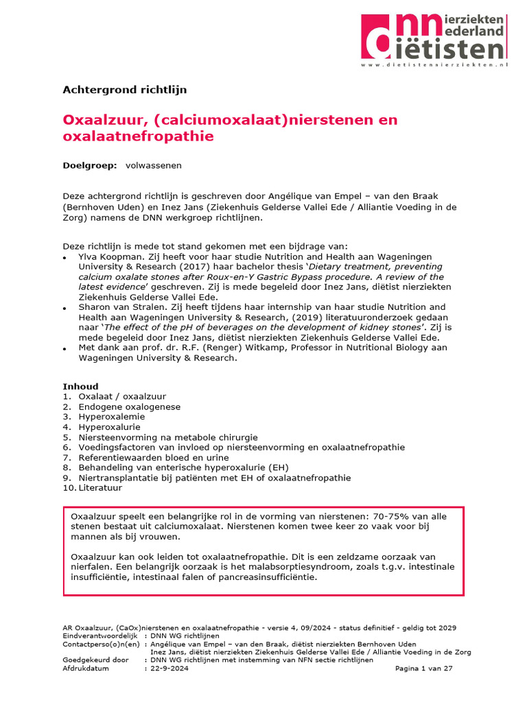 DNN AR Oxaalzuur (CaOx) Nierstenen en Oxalaatnefropathie Versie 4 09 ...