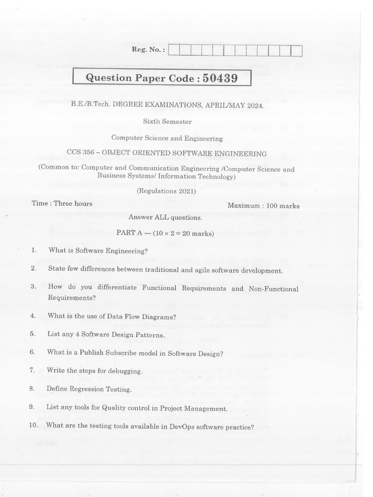 Object Oriented Software Engineering - CCS356 2021 Regulation - Semester Question Paper 2024 ...