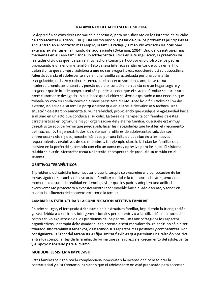 Tratamiento Del Adolescente Suicida | PDF | Suicidio | Adolescencia