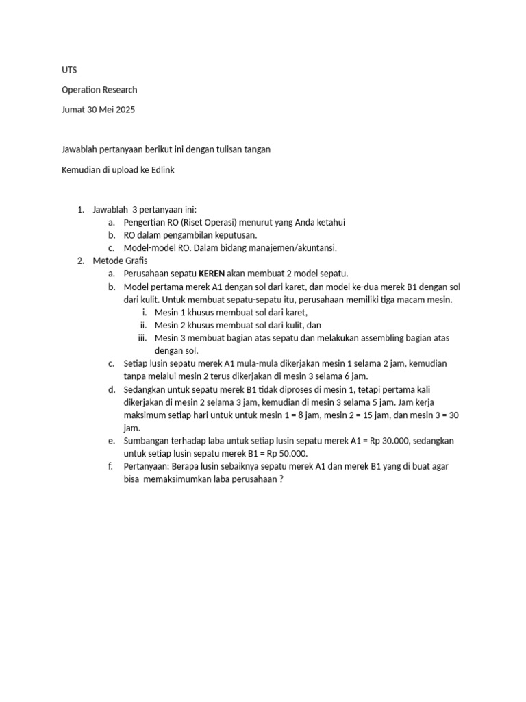 UTS Operation Research 30 Mei 2025 | PDF
