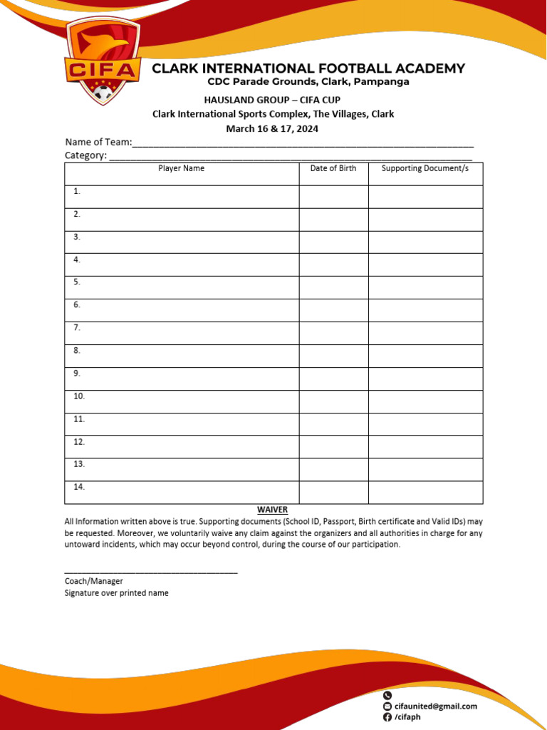 Hausland Cifa Cup Waiver and Team Sheet | PDF | Informed Consent | Consent