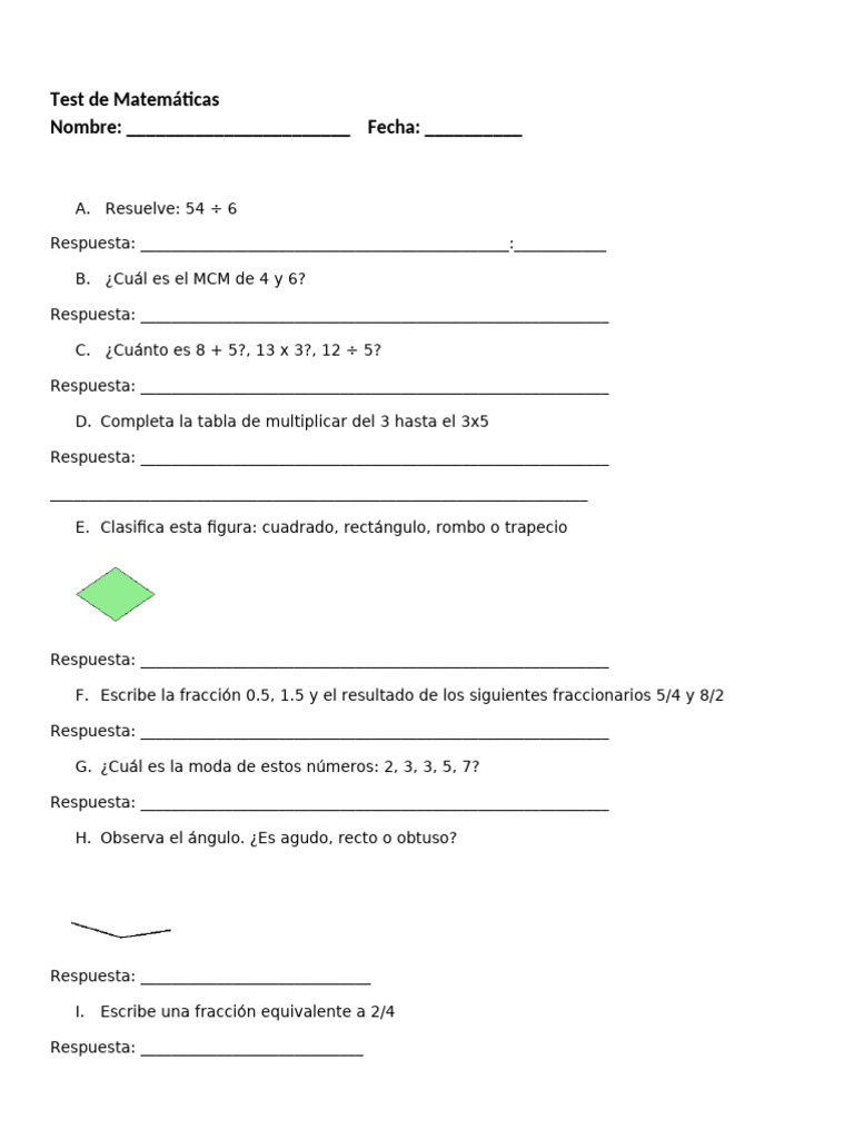 Test de Matemáticas para Estudiantes | PDF | Rectángulo | Triángulo