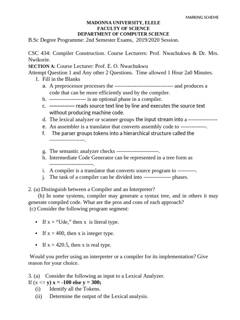 Mado CSC 434 Exam Sect A Compiler 2020 | PDF | Compiler | Implementation