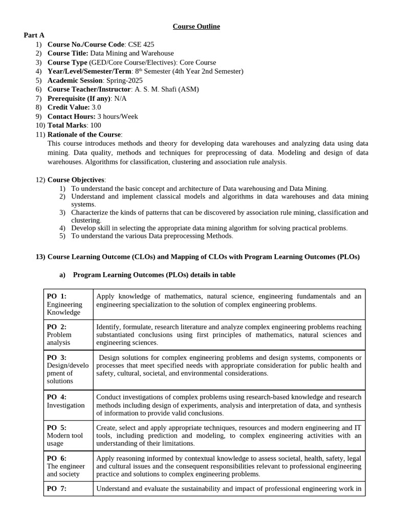 CSE 425: Data Mining & Warehouse Outline | PDF | Engineering | Cluster ...