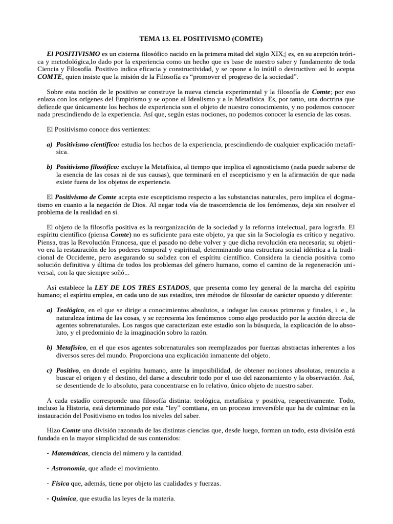 Positivismo de Comte: Filosofía y Sociología | PDF | Positivismo ...