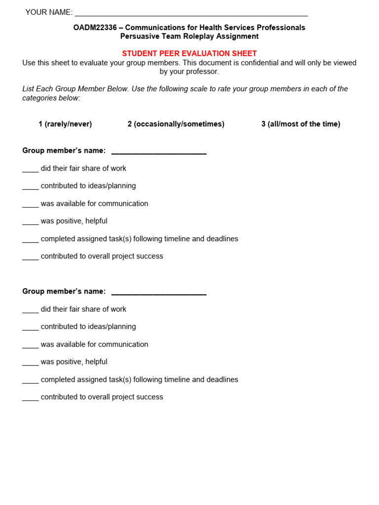 Persuasive Team Roleplay Peer Evaluation Sheet - FILLABLE | PDF ...