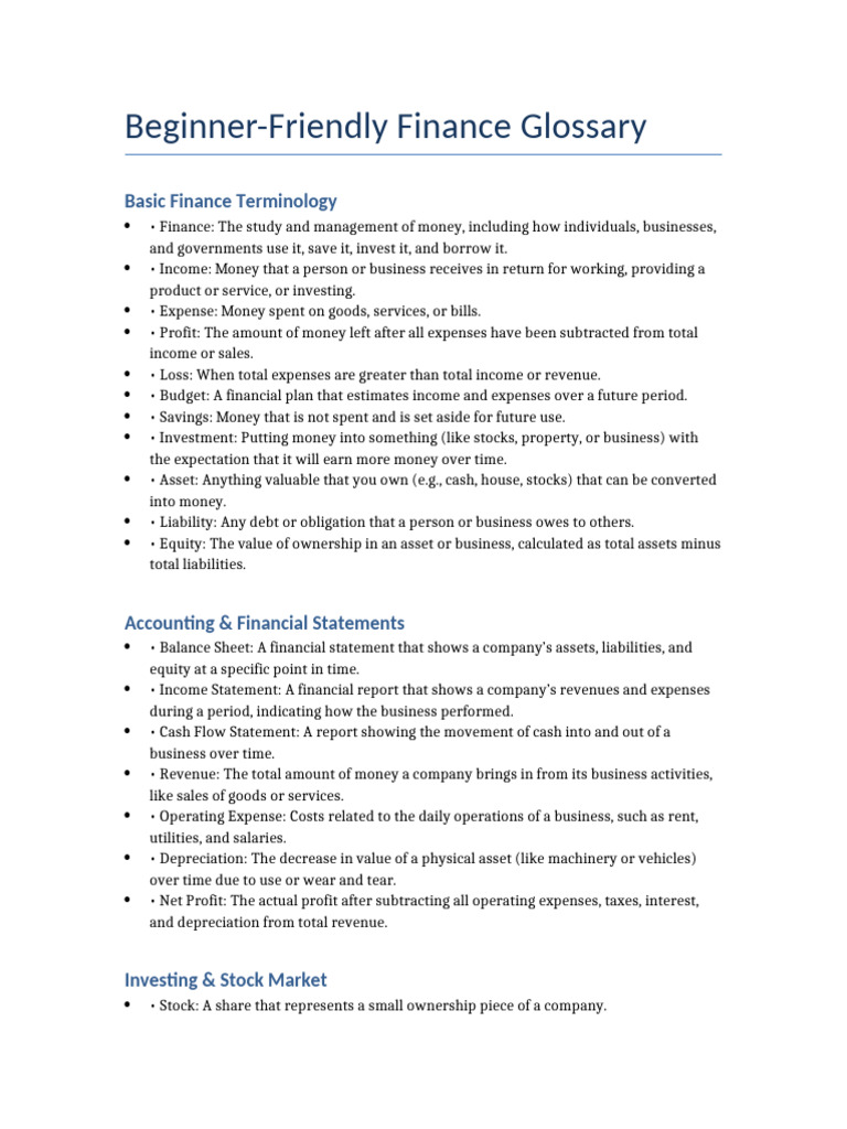 Beginner's Finance Terms Glossary | PDF | Stocks | Loans