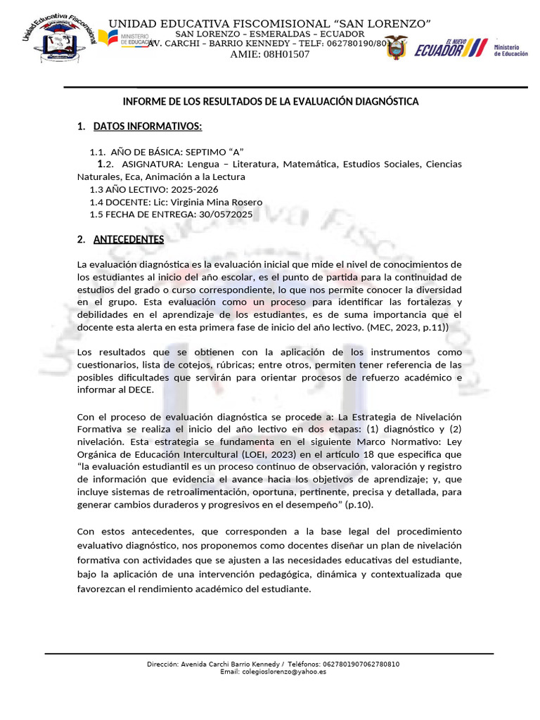 Informe Diagnostico 2025123 | PDF | Evaluación | Comprensión lectora