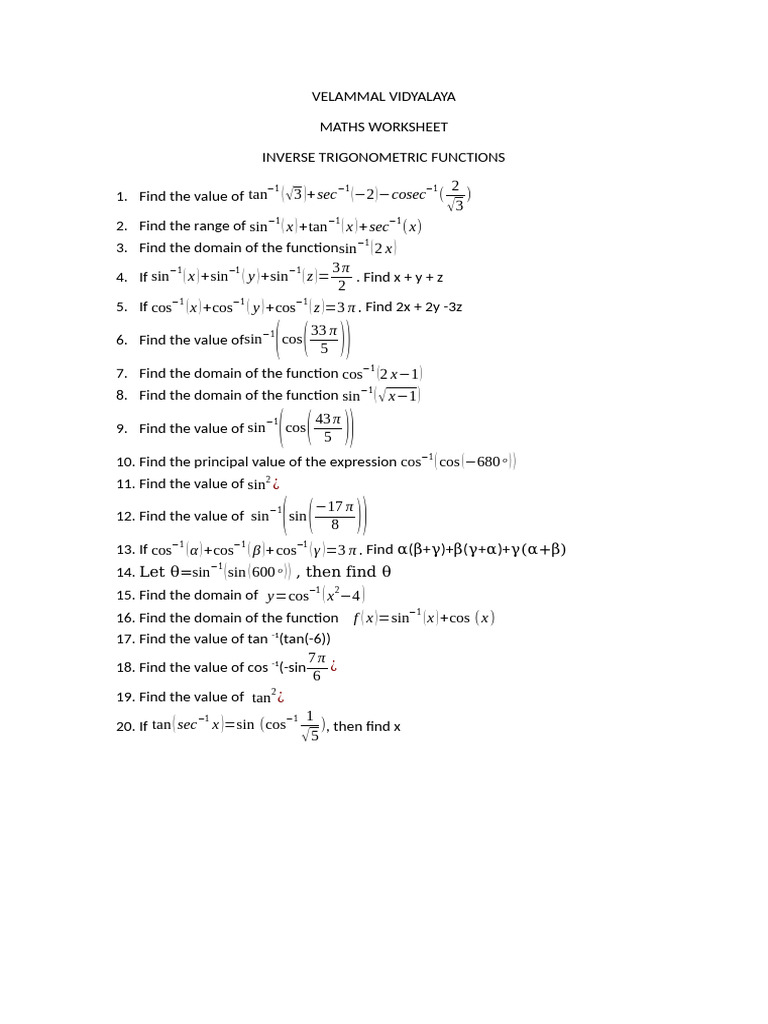Inverse Trig FN Worksheet-1 | PDF