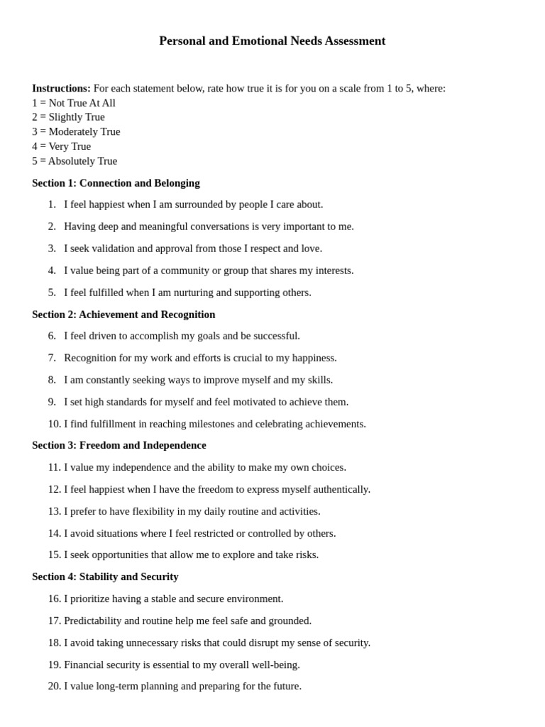 Emotional Needs Assessment Tool | PDF | Happiness | Love