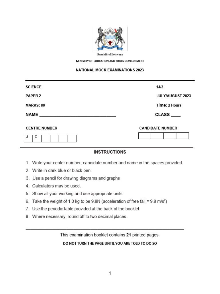 JCE 2023 Science Paper 2 Mock Exam | PDF | Uterus
