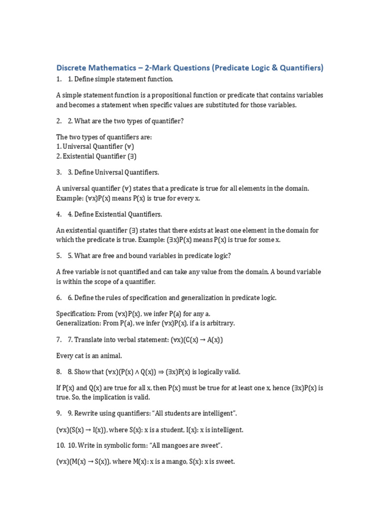 Discrete Math 2mark Quantifiers Predicate Logic | PDF | Mathematical Logic | Logic