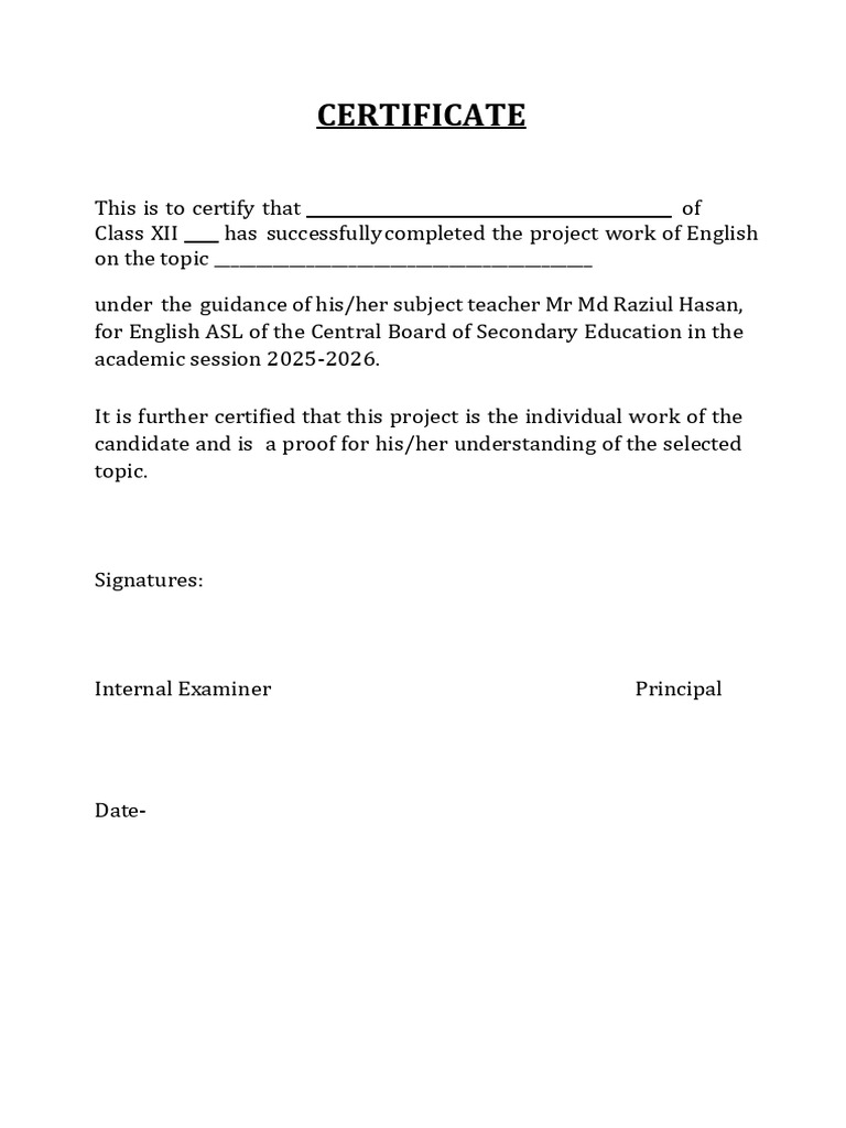 Class XII English Project Certificate | PDF