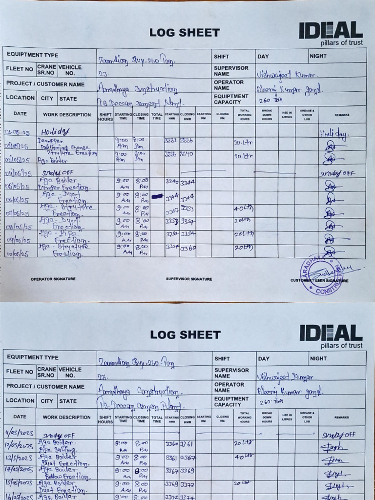 Crane Equipment Log Sheet Template | PDF