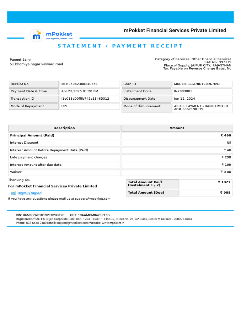 Installment Receipt MKE12E666E9ID120967093 1 | PDF