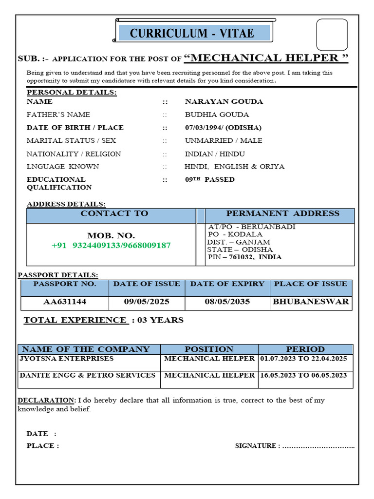 Narayan Gouda Bio Data | PDF