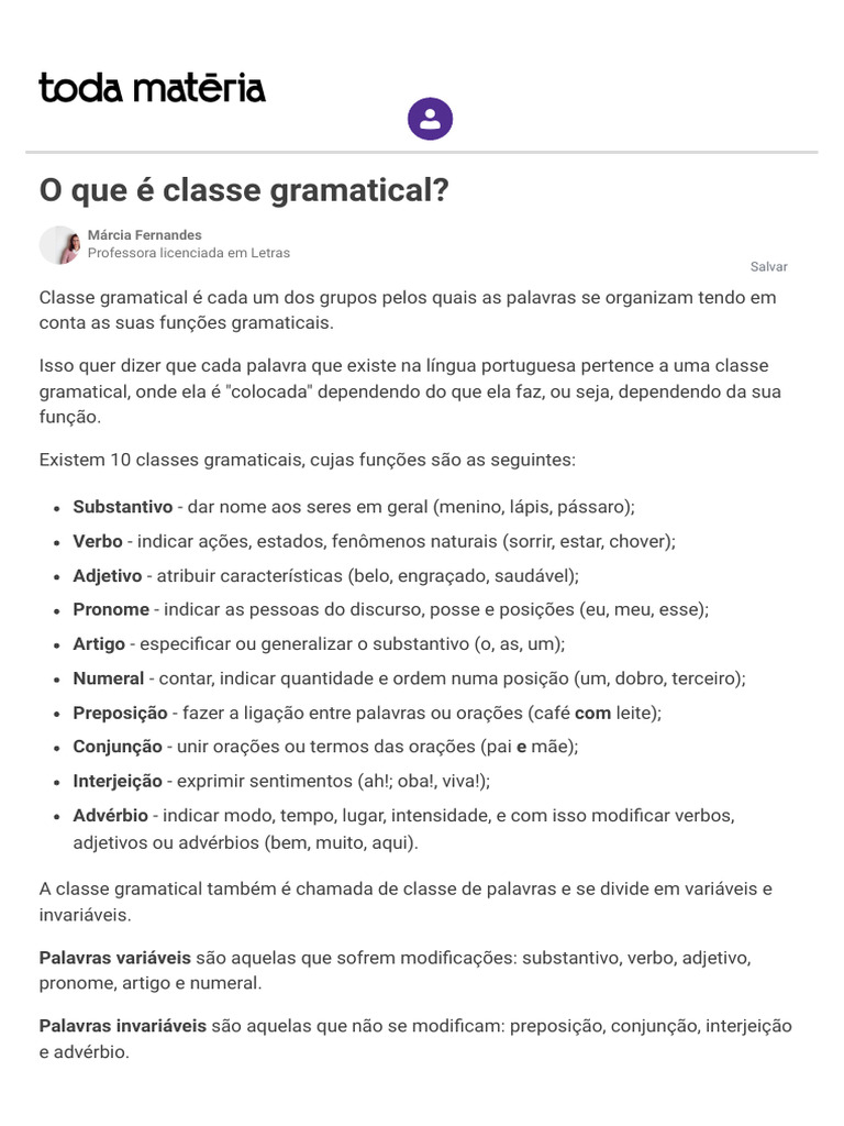 O Que É Classe Gramatical? - Toda Matéria | PDF | Pronome | Classe ...