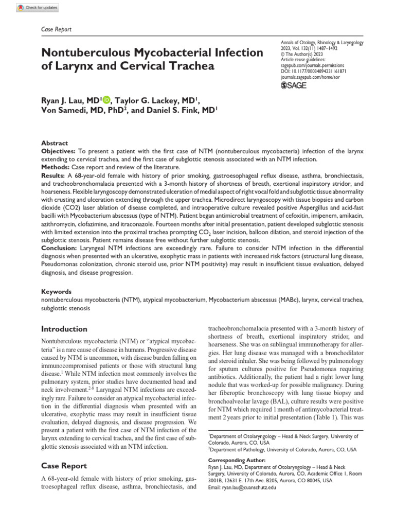 Lau Et Al 2023 Nontuberculous Mycobacterial Infection of Larynx and Cervical Trachea | PDF ...
