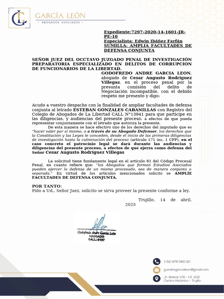 Amplia Facultades de Defensa Cesar Augusto Rodríguez Villegas | PDF