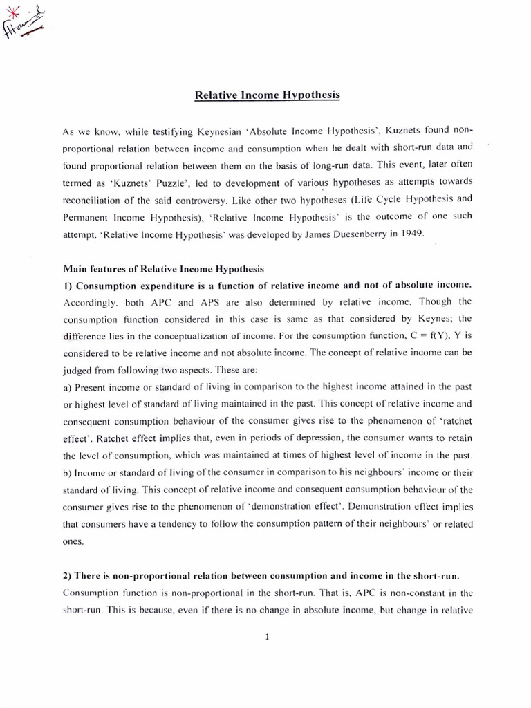 Relative Income Hypothesis | PDF | Hypothesis | Consumption (Economics)