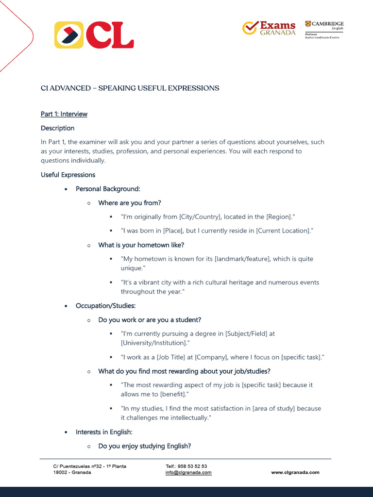 c1 Advanced - Speaking Useful Expressions | PDF | Reason | Photograph