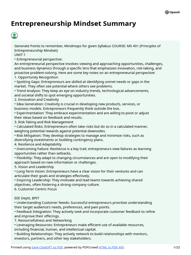 Entrepreneurship Mindset Summary | PDF | Entrepreneurship | Small ...