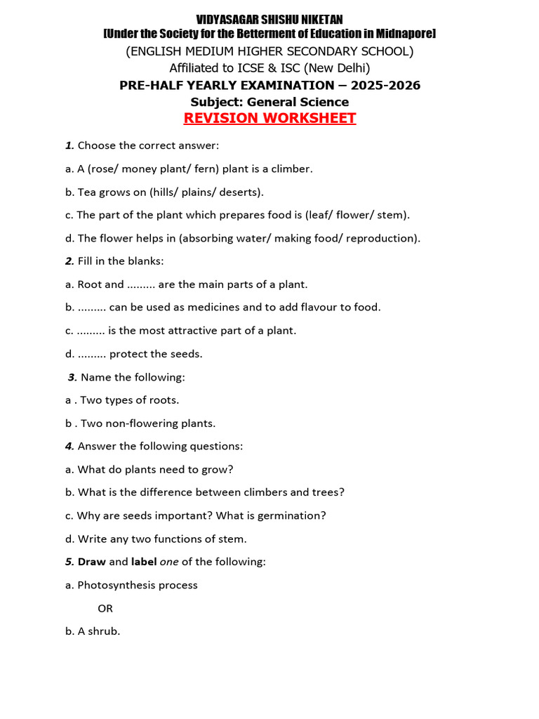 G.sc. Worksheet Pre Half Yearly-1 | PDF