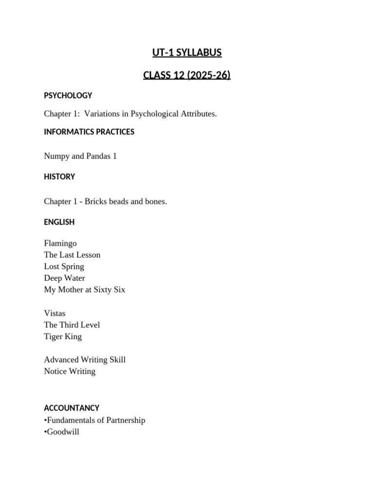 Ut 1 Syllabus Class 12 (2025-26 | PDF