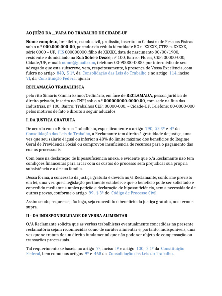 Modelo de Petição Trabalhista | PDF | Indenização | Justiça