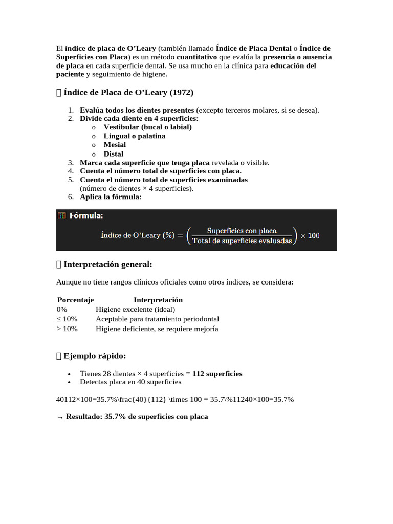 Índice de Placa de O’Leary: Evaluación Dental | PDF