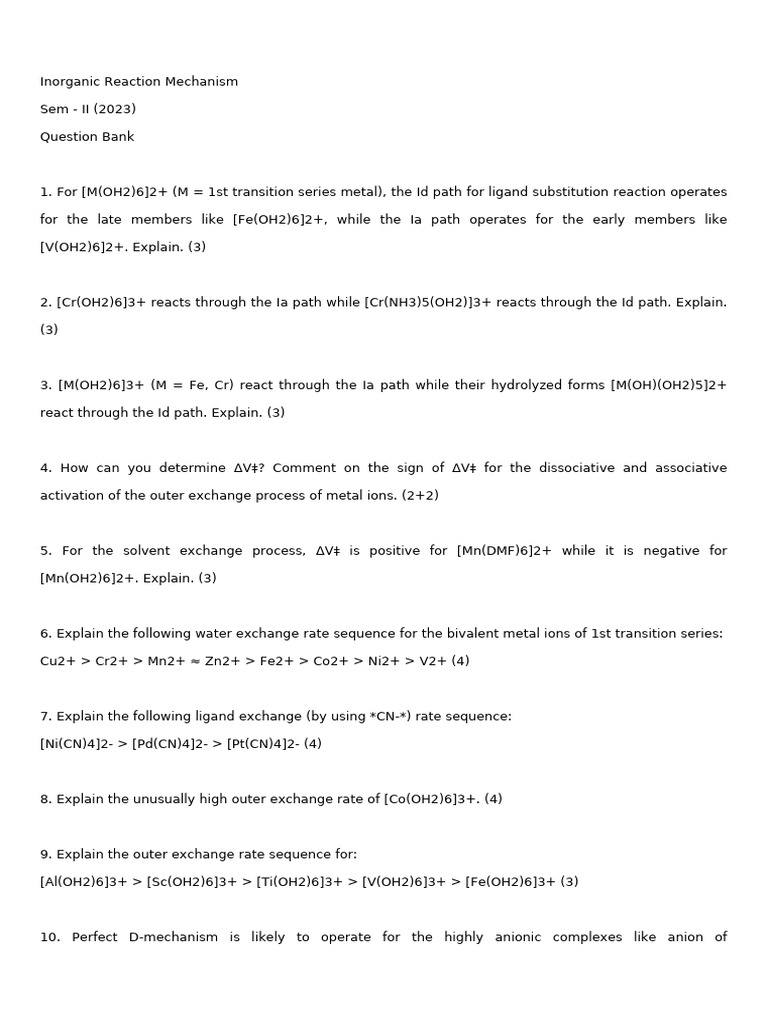 Inorganic Reaction Mechanism Question Bank | PDF | Ligand | Chemical ...
