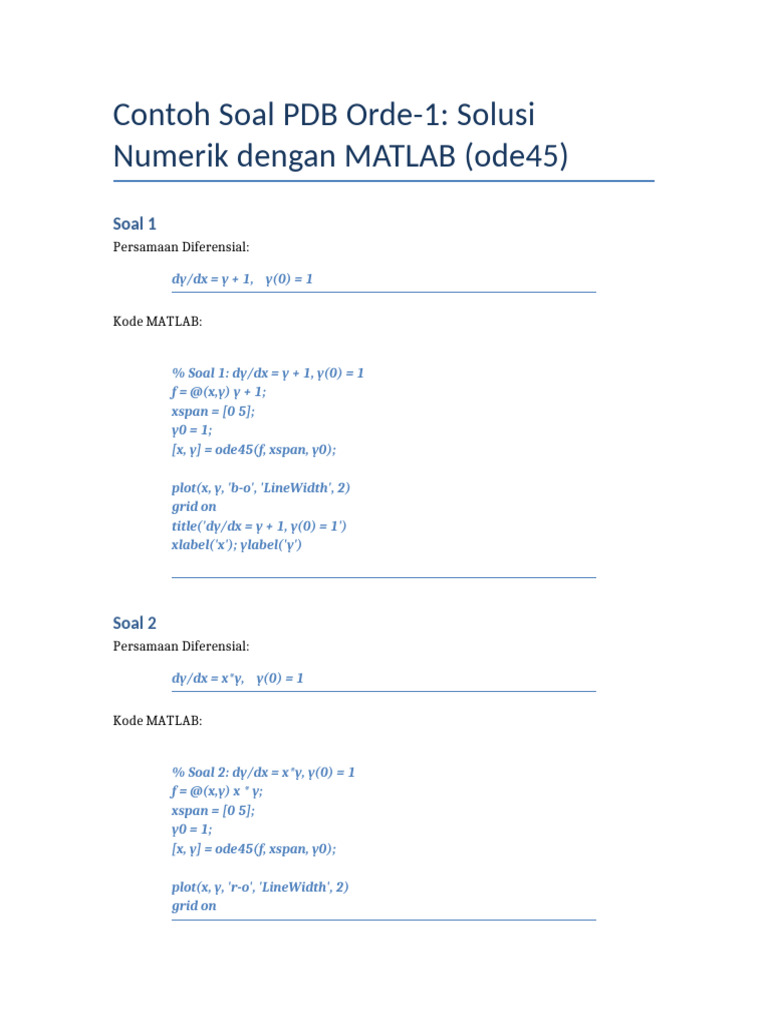 Soal PDB Numerik Ode45 MATLAB | PDF