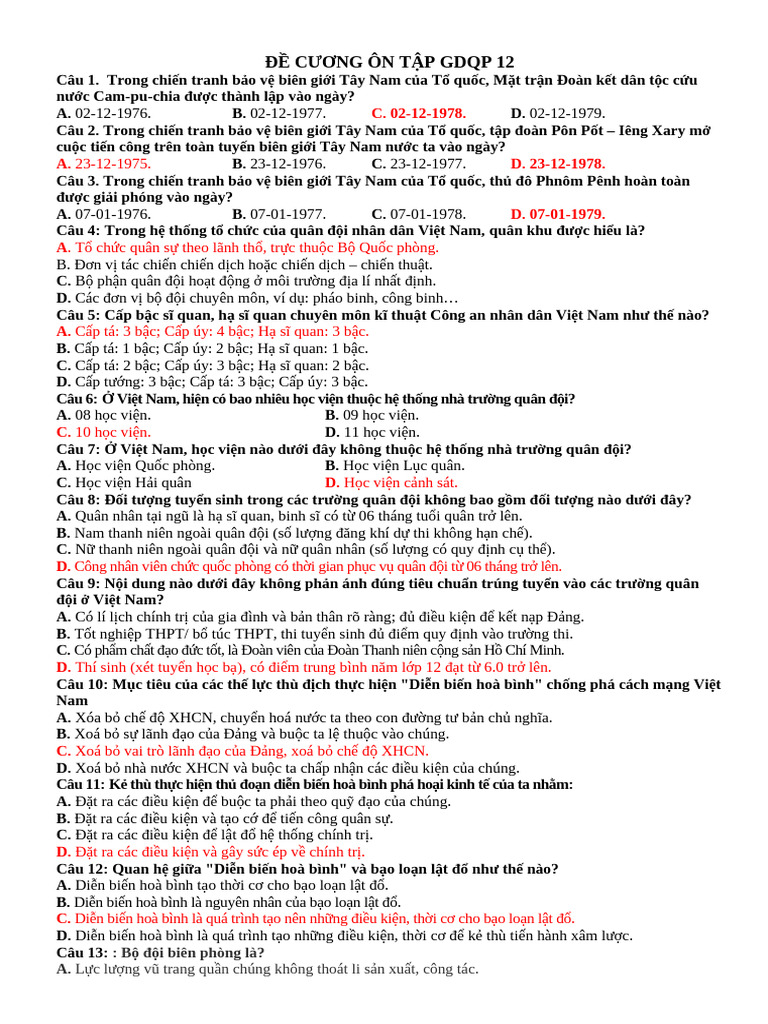 Đề Cương Ôn Tập Gdqp 12: Lực lượng vũ trang quần chúng không thoát li sản xuất, công tác | PDF