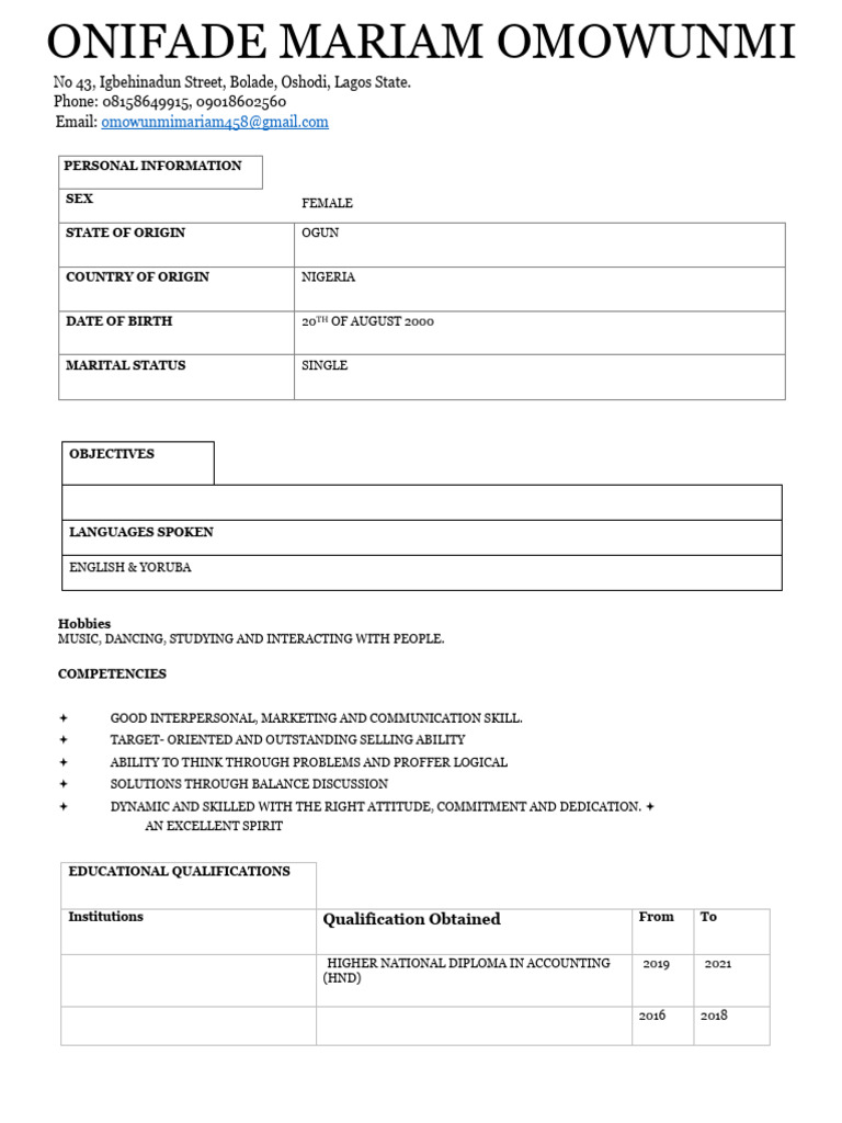 Onifade Mariam.o CV | PDF