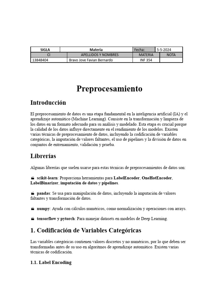 Preprocesamiento | PDF | Aprendizaje automático | Ciencias de la Computación