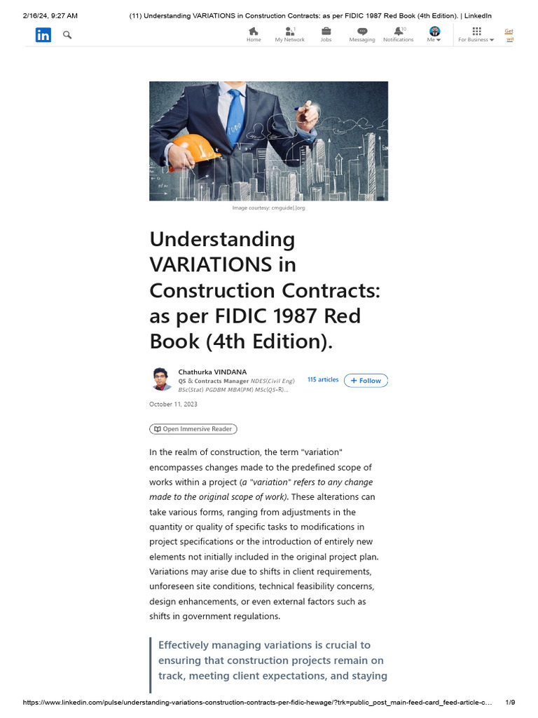 Understanding VARIATIONS in Construction Contracts - As Per FIDIC 1987 ...