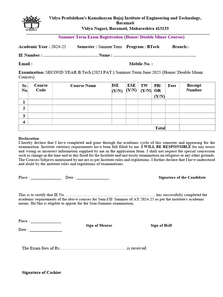 Summer Term Exam Form June 2024 | PDF