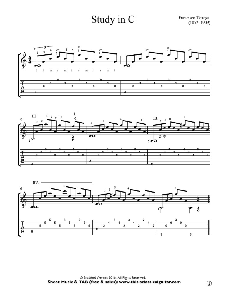 Tarrega Study C Tab | PDF | Acoustic Guitars | Classical Composers