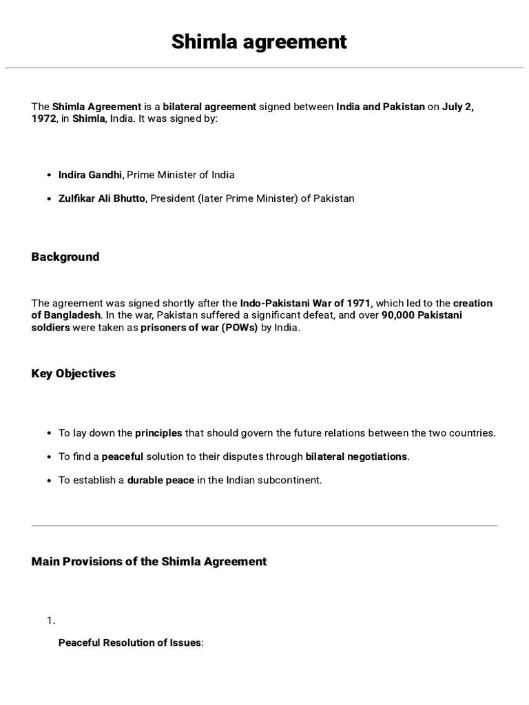 Key Provisions of the Shimla Agreement | PDF