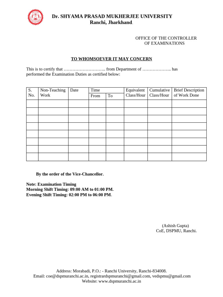 Examination Duty Certification | PDF
