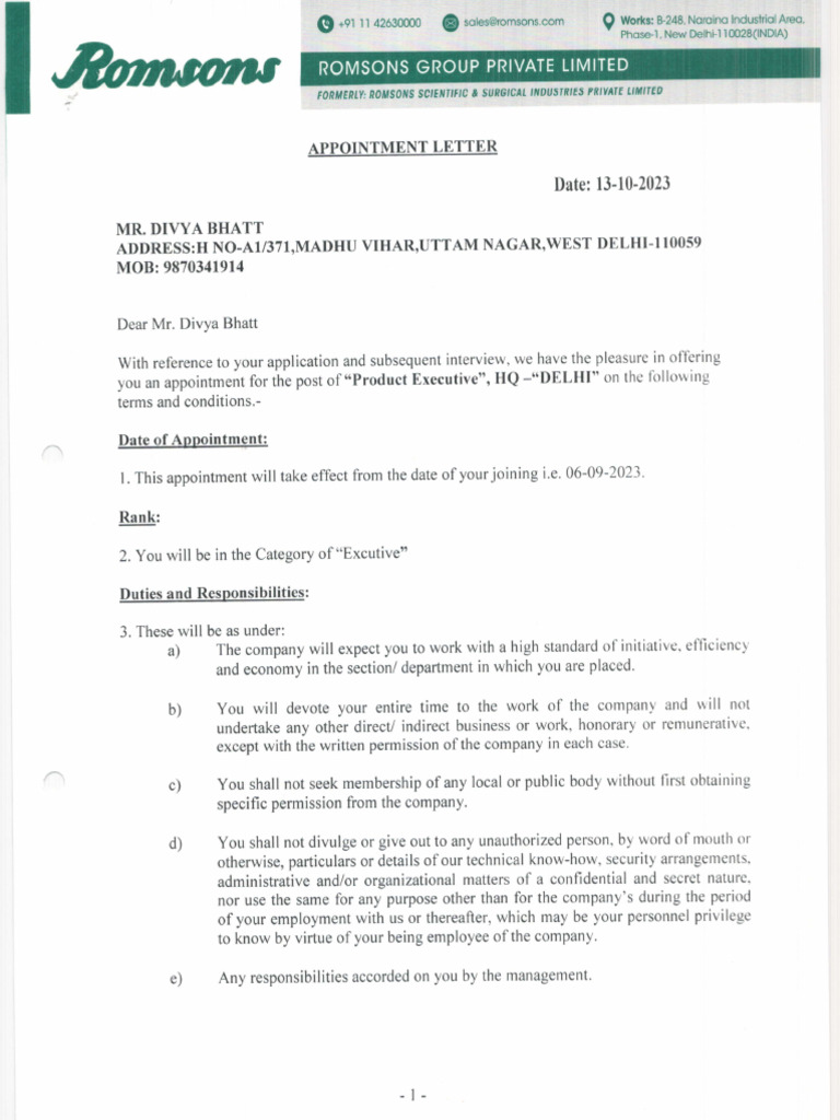Appointment Letter for Product Executive | PDF | Employment | Common Law