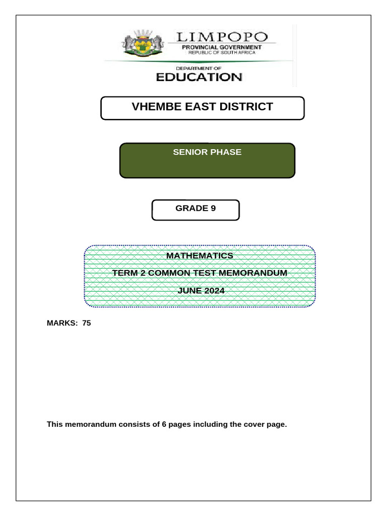 2024 Term 2 GR 9 Mathematics Controlled Test Memo Moderated | PDF ...