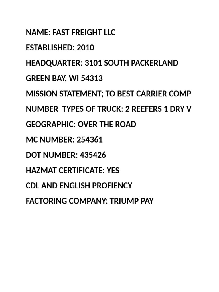 Fast Freight LLC Carrier Profile | PDF