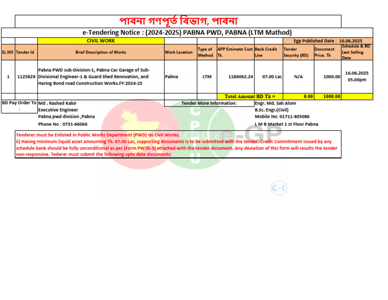 Pabna PWD Civil LTM 01 Nos Notice Last Date 16.06.2025 | PDF | Debt