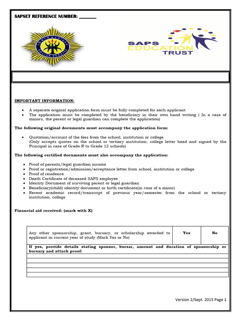 SAPS Financial Assistance Application Form | PDF | Identity Document ...