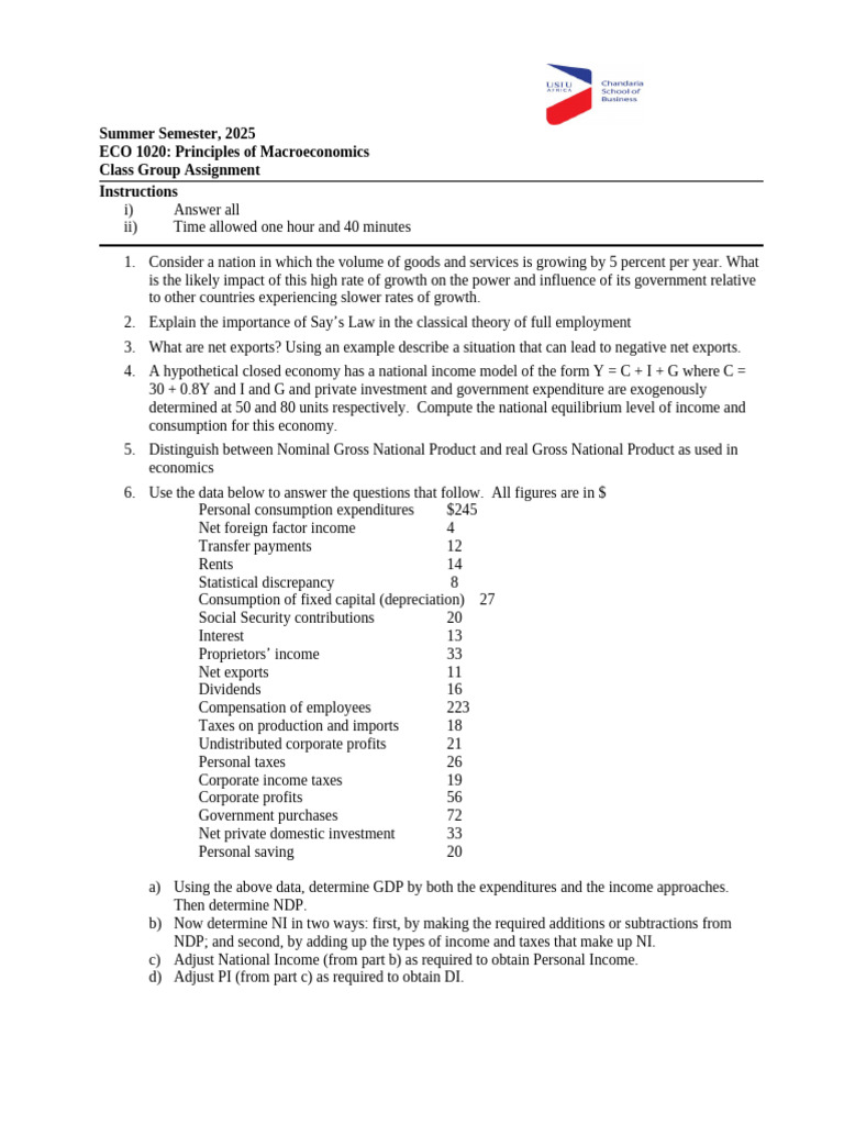 Eco 1020 - Class Assignment 1 - Summer 25 | PDF | Income | Measures Of National Income And Output